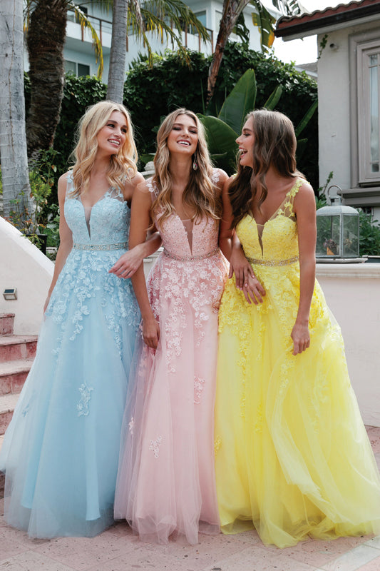 Floral Applique V Neck Tulle Gown By Juliet 224 Abc Fashion