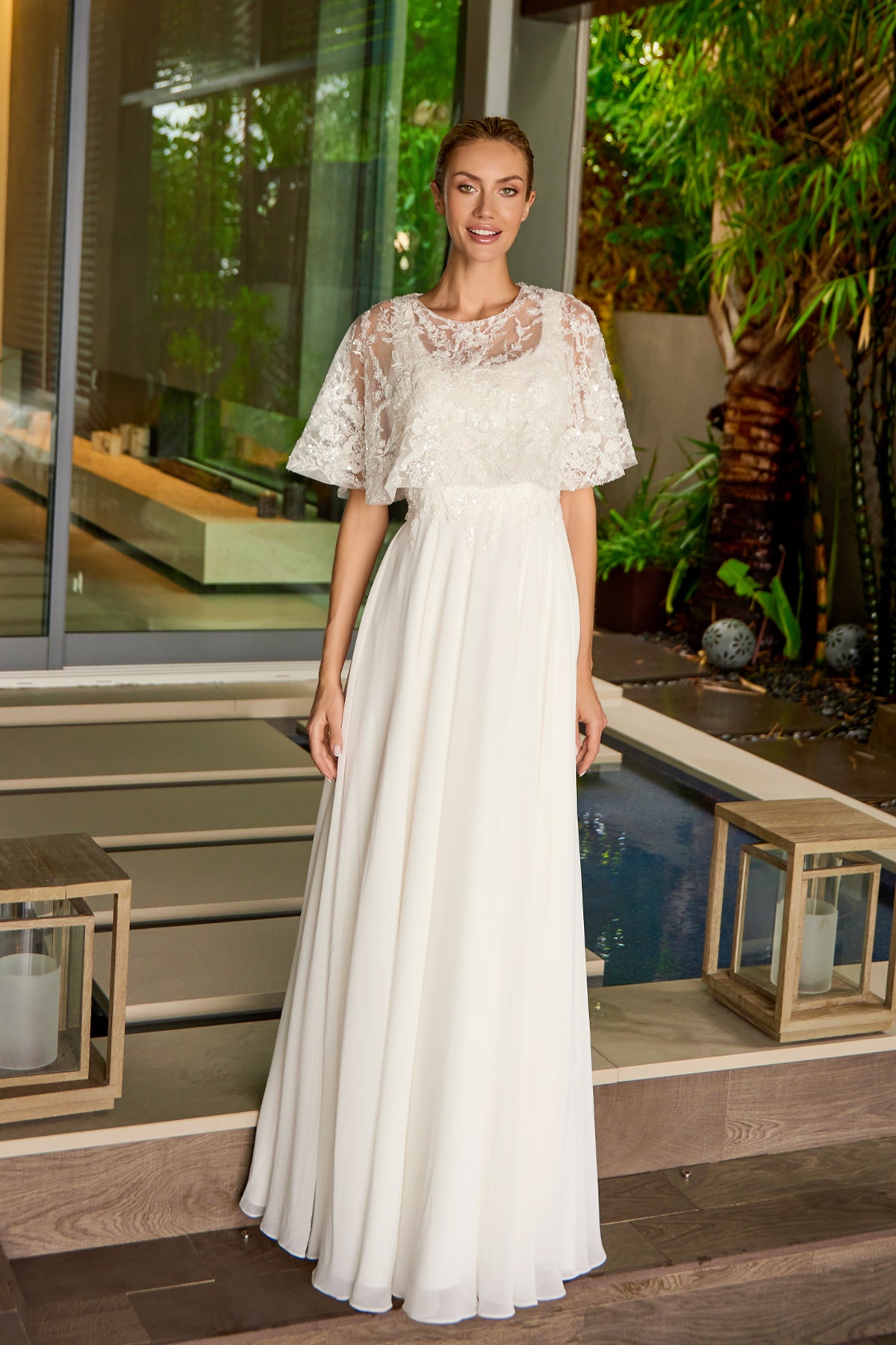 White Sleeveless Capelet Gown by Juliet JTM21LW – ABC Fashion