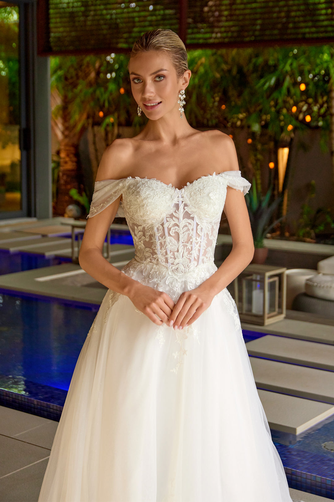 White Applique Off Shoulder Gown by Juliet JT2634LW – ABC Fashion