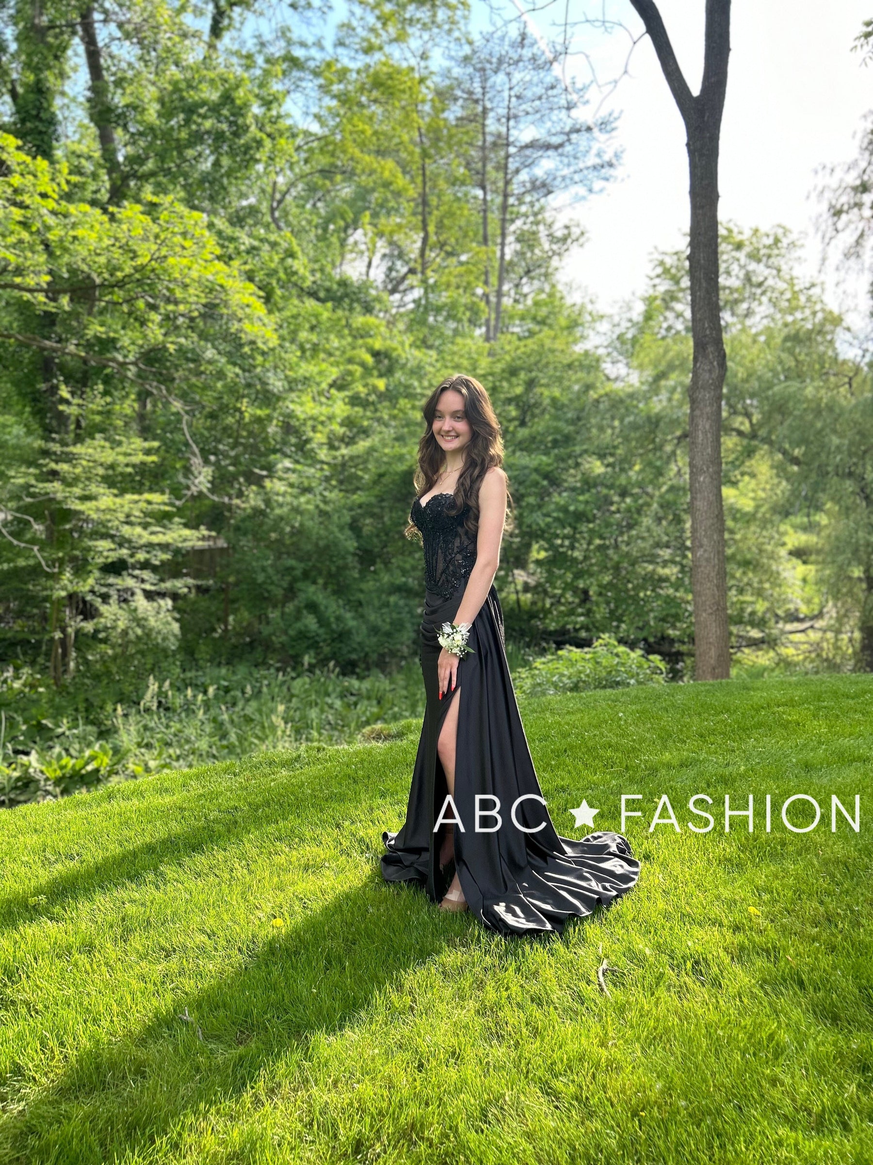 Applique Fitted Satin Corset Slit Gown by Ladivine CD868 – ABC Fashion