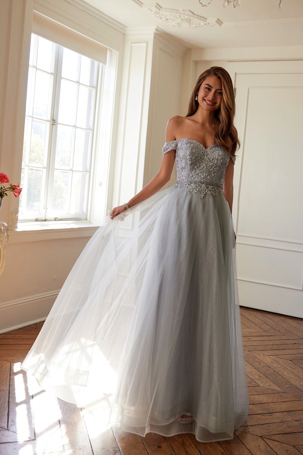 Beaded Off Shoulder A-line Gown by Juliet 287 – ABC Fashion