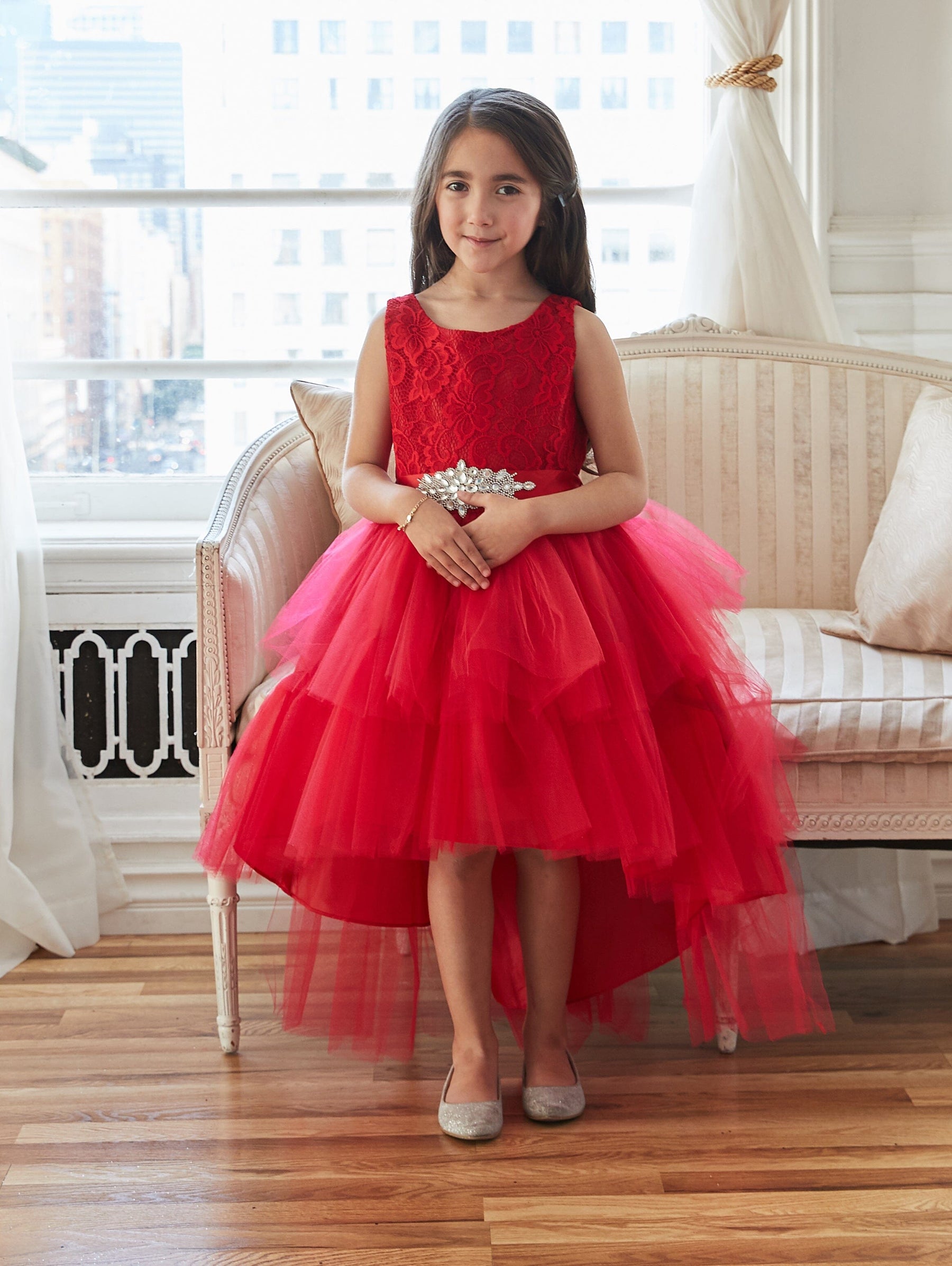 Girls Layered High Low Dress with Lace Bodice by Calla D825 – ABC Fashion