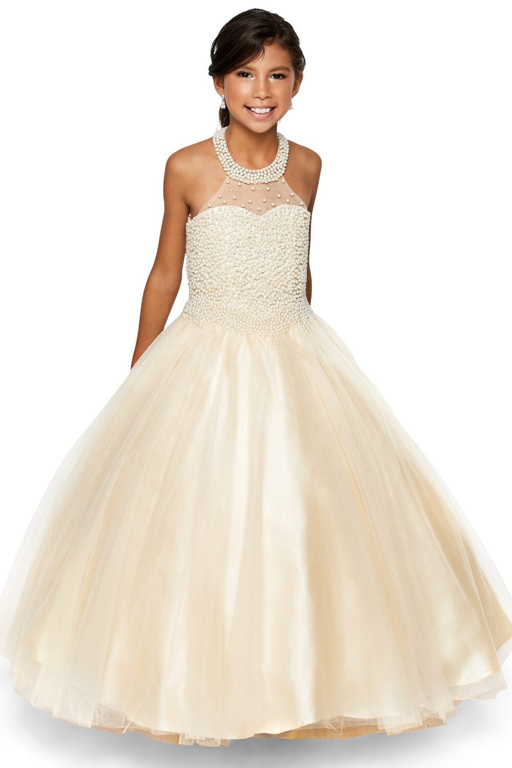 Girls Pearl Beaded Long Halter Dress by Cinderella Couture 5055 – ABC ...