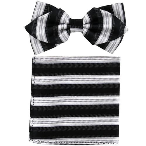 Black/White Striped Bow Tie with Pocket Square (Pointed Tip) – ABC Fashion
