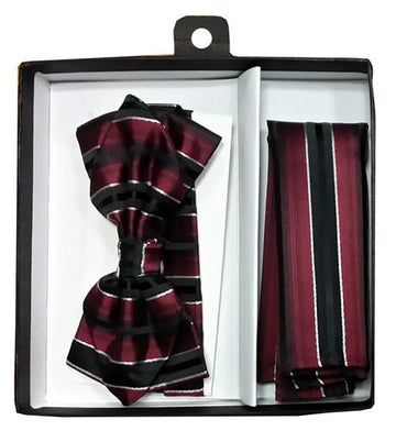Burgundy/Black Striped Bow Tie with Pocket Square (Pointed Tip) – ABC ...