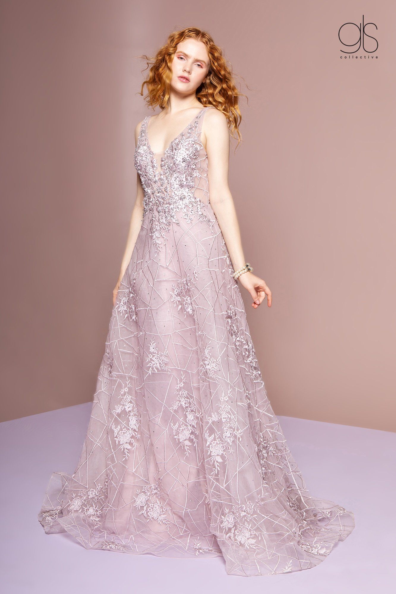 Embroidered Long Illusion V-Neck Dress by GLS Gloria GL2564 – ABC Fashion
