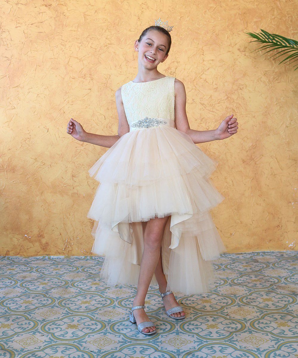 Girls Layered High Low Dress with Lace Bodice by Calla D825 – ABC Fashion