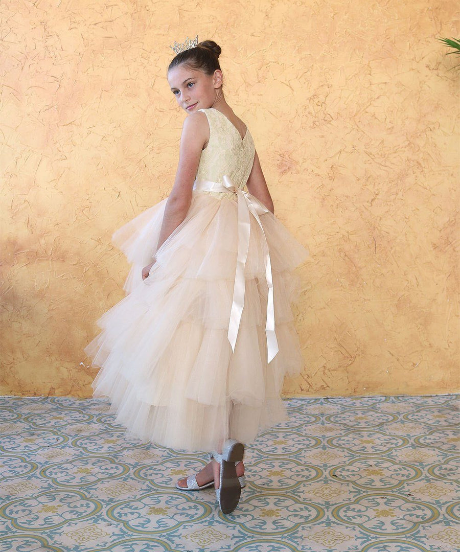 Girls Layered High Low Dress with Lace Bodice by Calla D825 – ABC Fashion