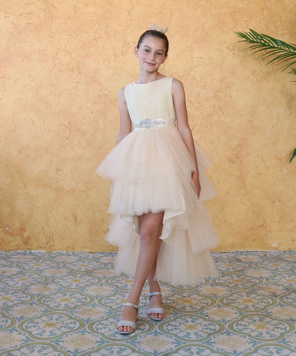 Girls Layered High Low Dress with Lace Bodice by Calla D825 – ABC Fashion