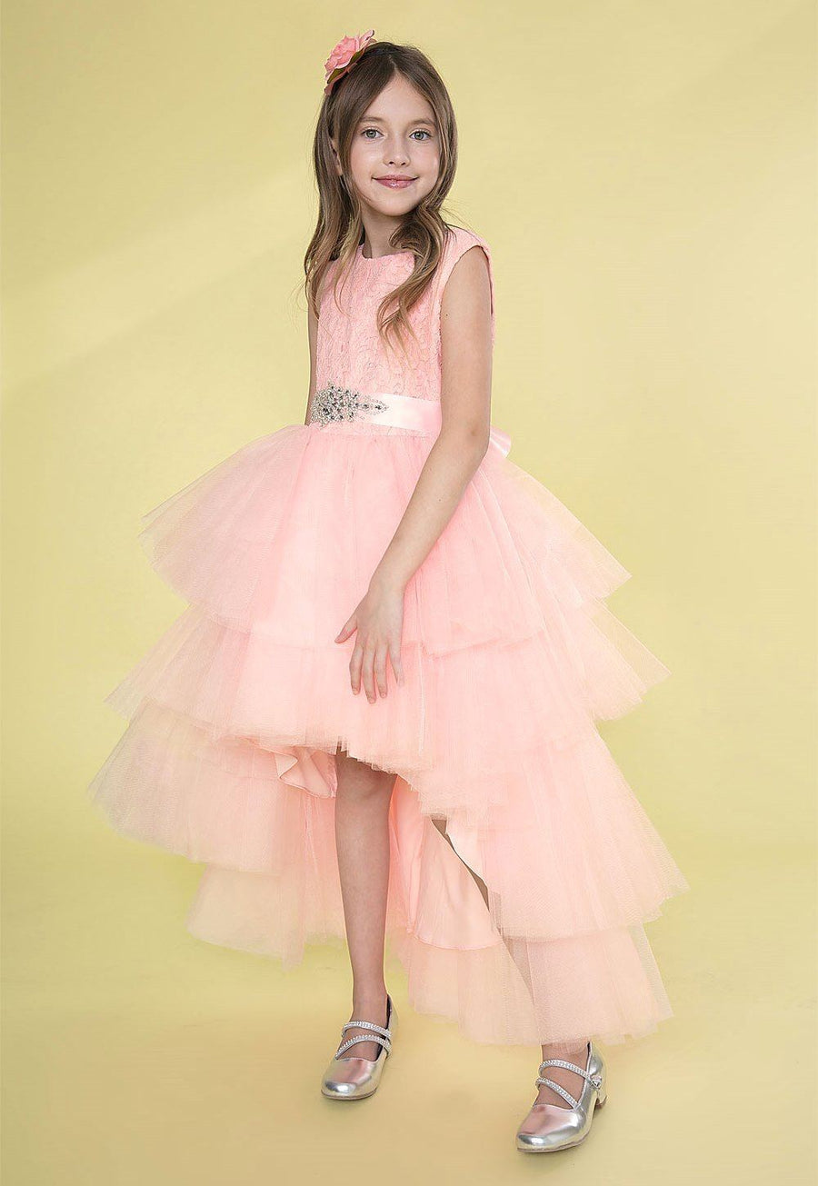 Girls Layered High Low Dress with Lace Bodice by Calla D825 – ABC Fashion