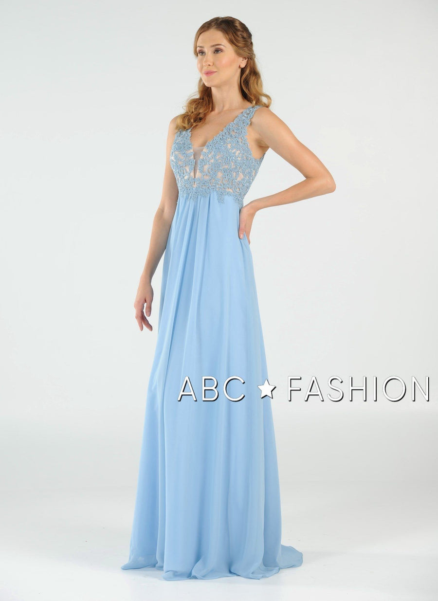 Long V-Neck Chiffon Dress with Lace Appliques by Poly USA 8012 – ABC ...